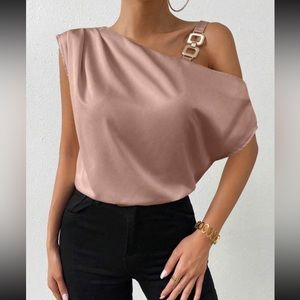 Tops | Ruched Baby Pink Asymmetrical Neck Chain Strap Blouse | Poshmark